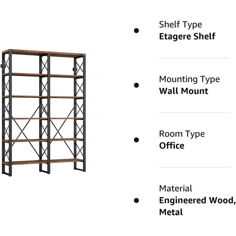 17 Stories Keedie Bookshelf Double Wide 6-tier 76" H, Open Large Bookcase, Industrial Style ...